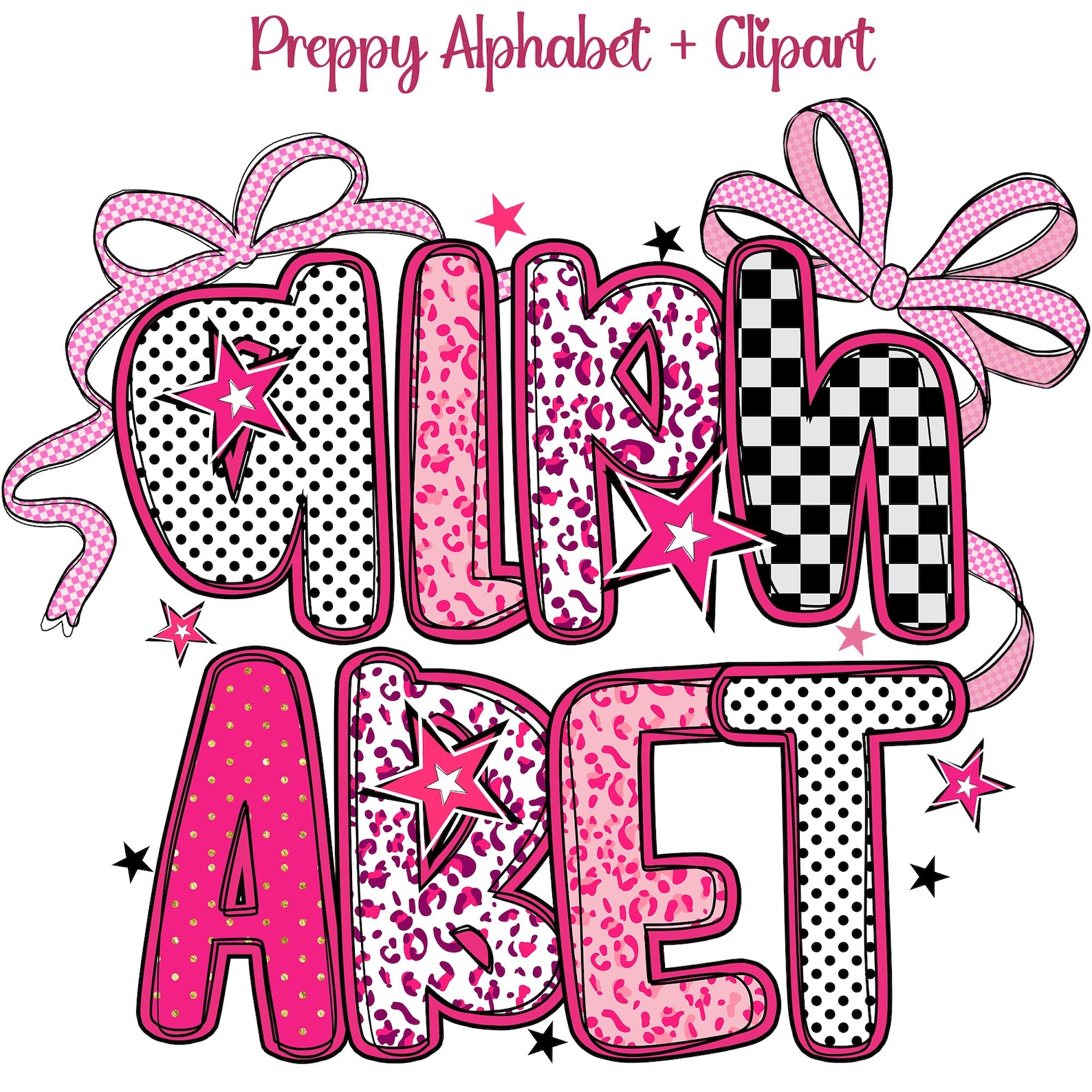 Preppy Alphabet PNG, Pink Leopard and Checkerboard Letters With Stars ...