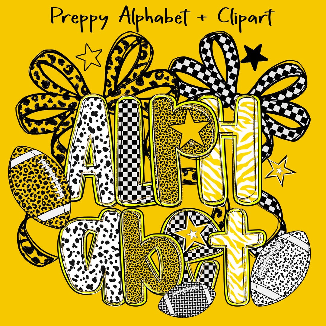 Preppy Alphabet PNG Bundle, Yellow Black Leopard Print Letters, Cheer ...