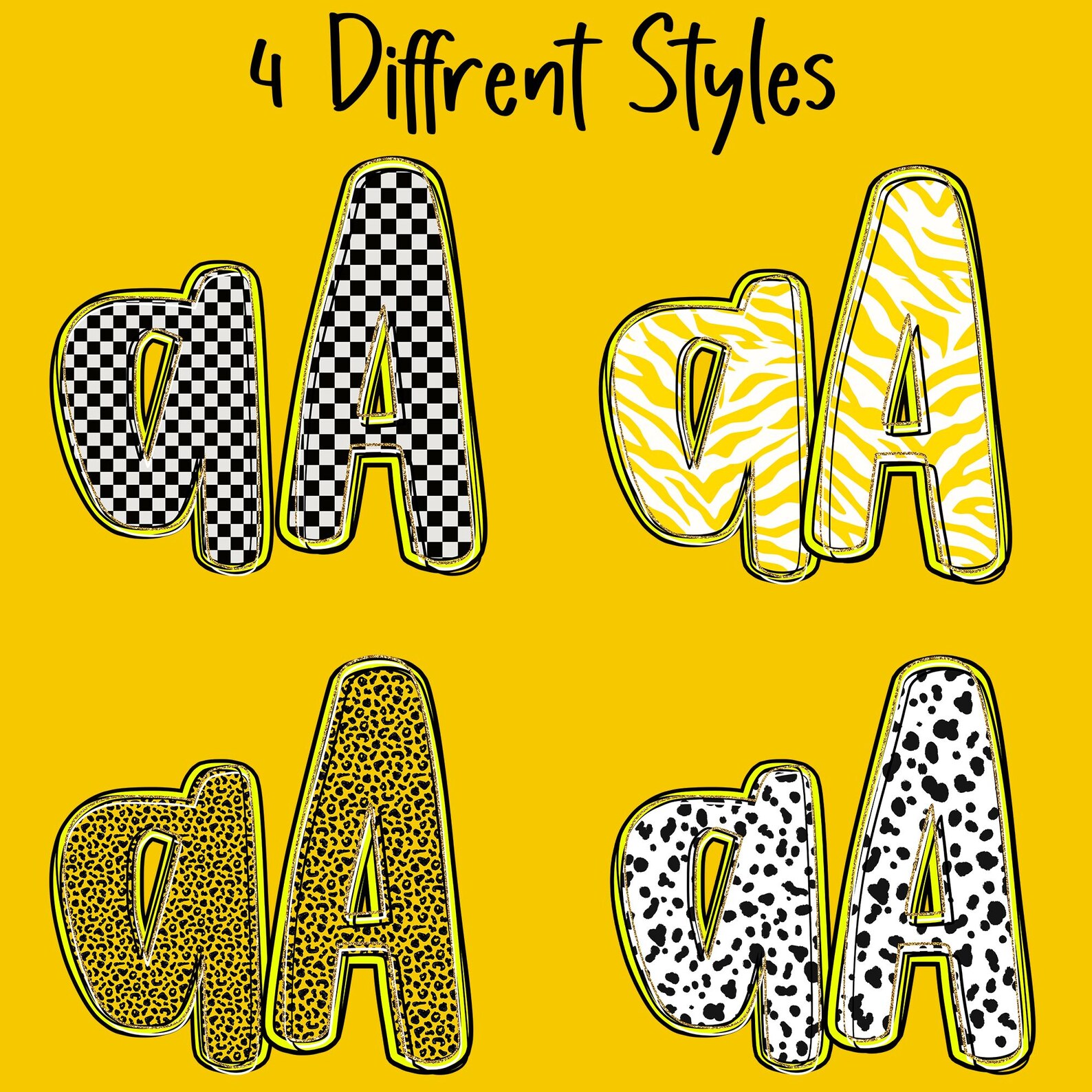 Preppy Alphabet PNG Bundle, Yellow Black Leopard Print Letters, Cheer ...