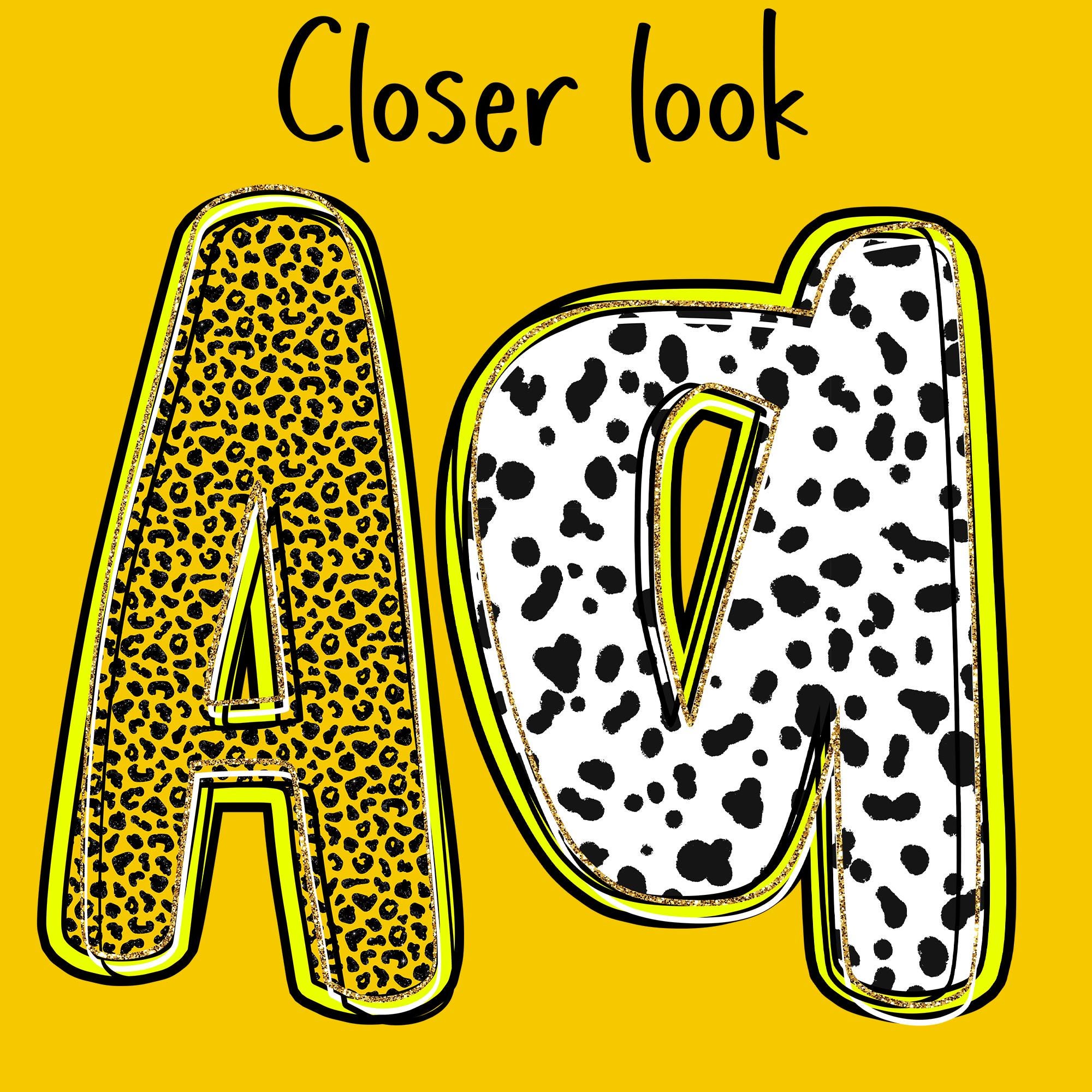 Preppy Alphabet PNG Bundle, Yellow Black Leopard Print Letters, Cheer ...