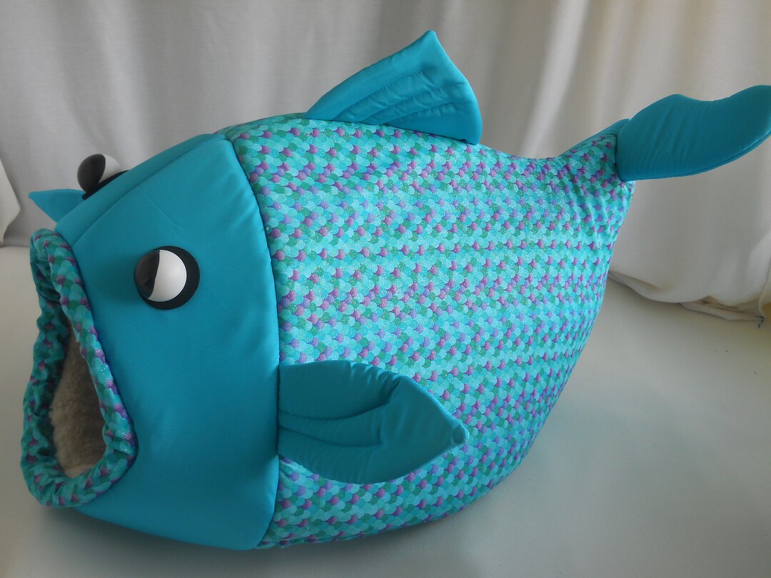 Fish Shaped Pet Bed Cat Bed Teal Purple Green Scale Fabric With Silky ...