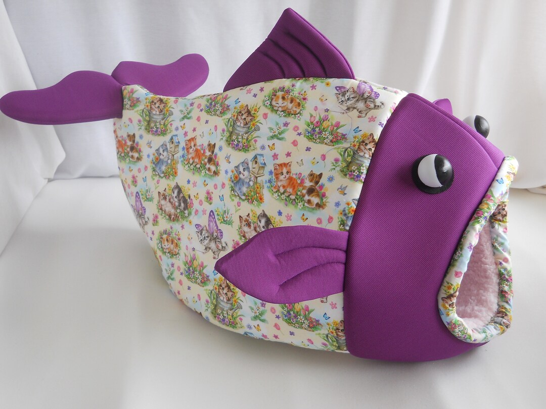 Fish Shaped Cat Bed With Kittens in Various Poses Fabric With Purple ...