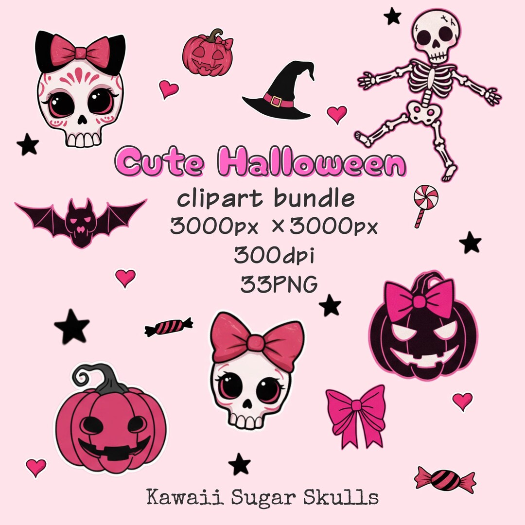 Pink Halloween | Clip Art | Digital Stickers | Cute Skulls & Ribbons ...