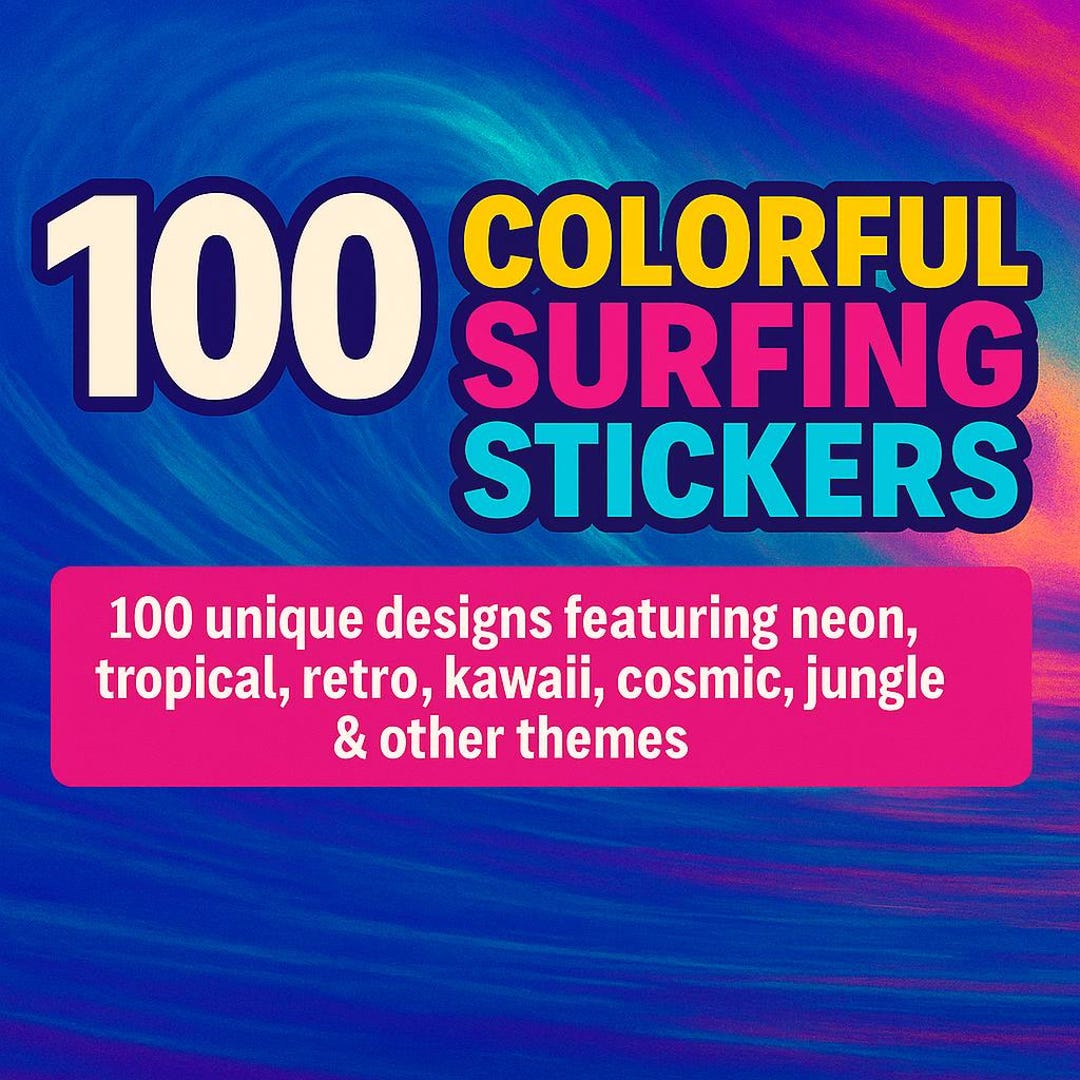100 Colourful Surfing Stickers | Neon Tropical | PNG Bundle (digital ...