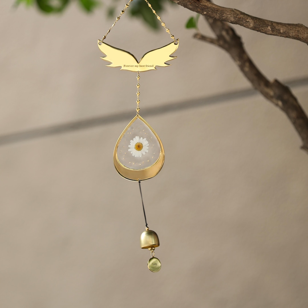 Custom Birth Flower Wind Chime, Engraved Wings Photo Memorial Gift ...