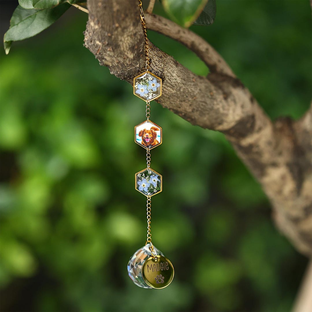 Custom Pet Photo Wind Chime, Forget Me Not Pressed Flowers, Pet ...