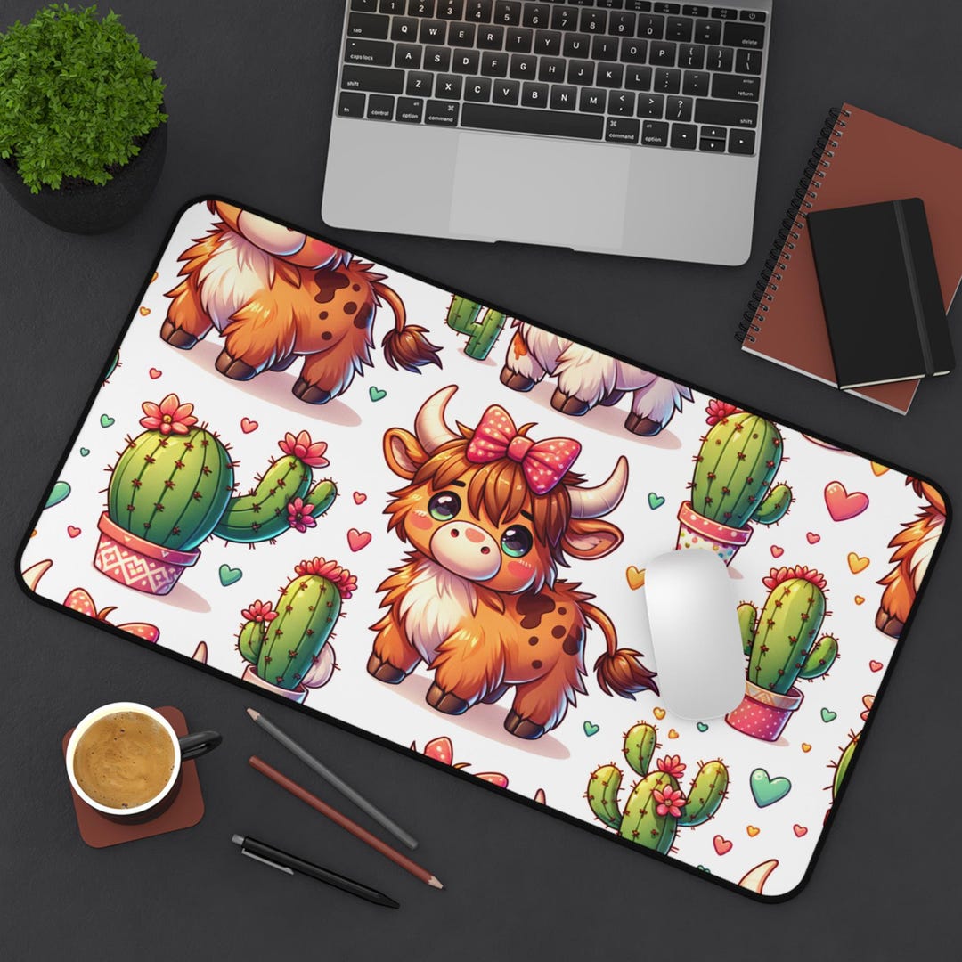 Kawaii Highland Cow Desk Mat With Cactus Cute Boho Gaming Mouse Pad ...