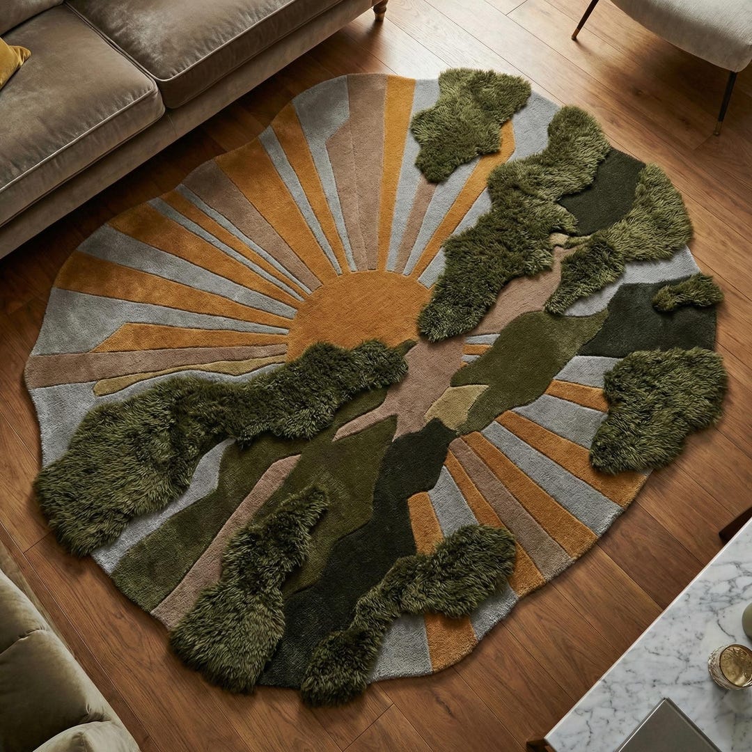 Sunburst Moss Rug, Green Abstract Irregular Hand Tufted 3D Textured ...