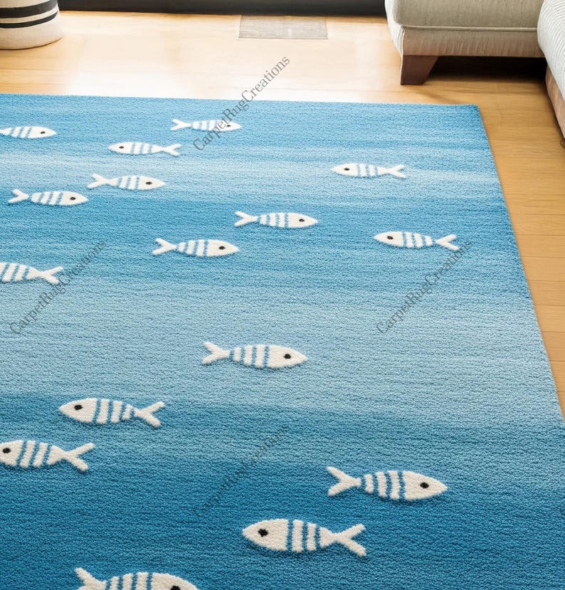 Aqua Blue Fish Wool Rug, Modern Hand Tufted Nautical Area Rugs for ...