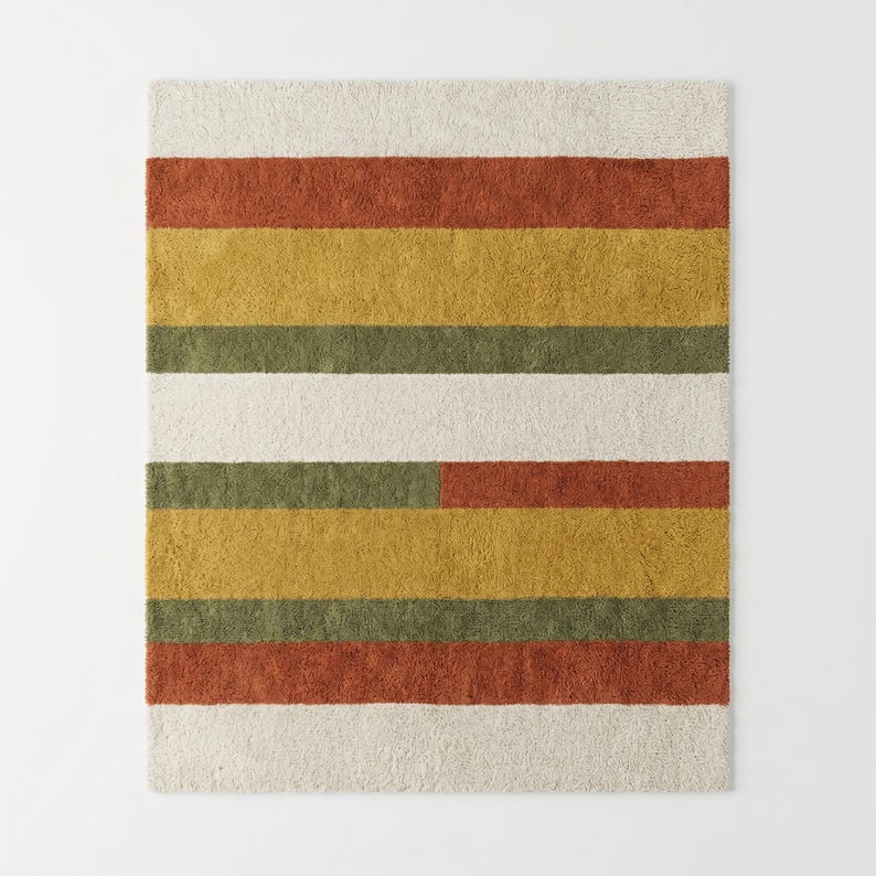 Orange Green Striped Wool Rug, Hand Tufted Mid Century Modern Retro ...