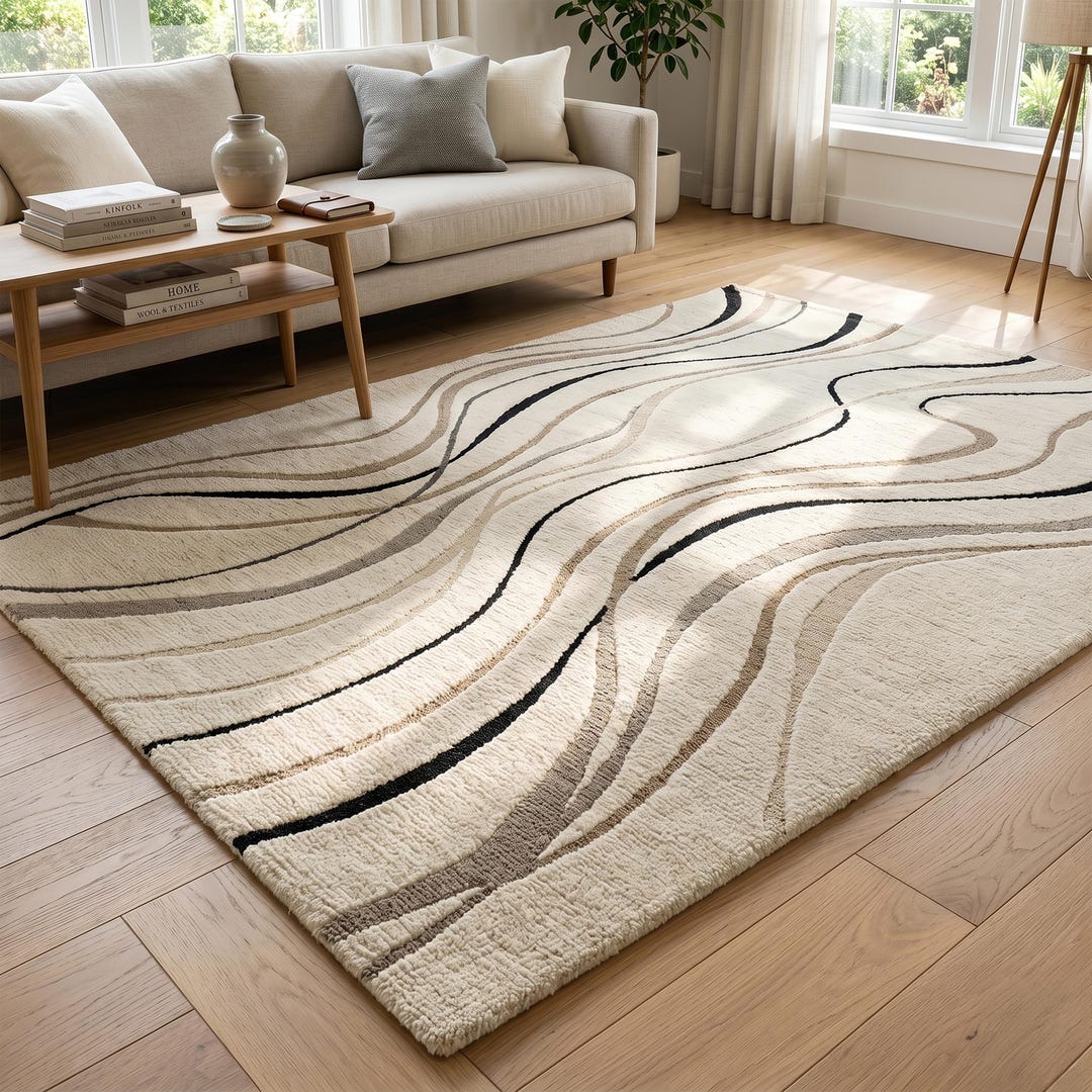 Modern Abstract Neutral Rug, Cream Beige Hand Tufted Minimalist Wool ...
