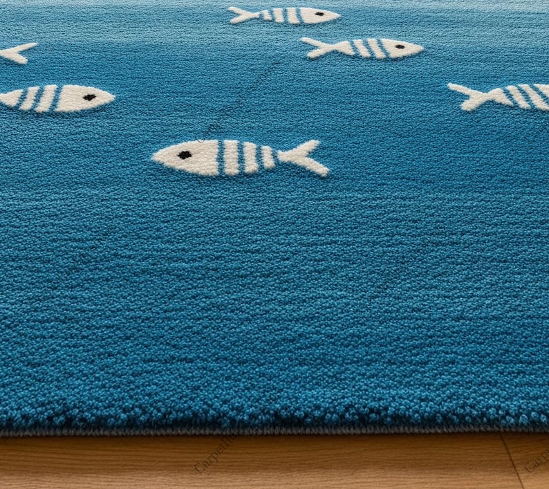 Aqua Blue Fish Wool Rug, Modern Hand Tufted Nautical Area Rugs for ...