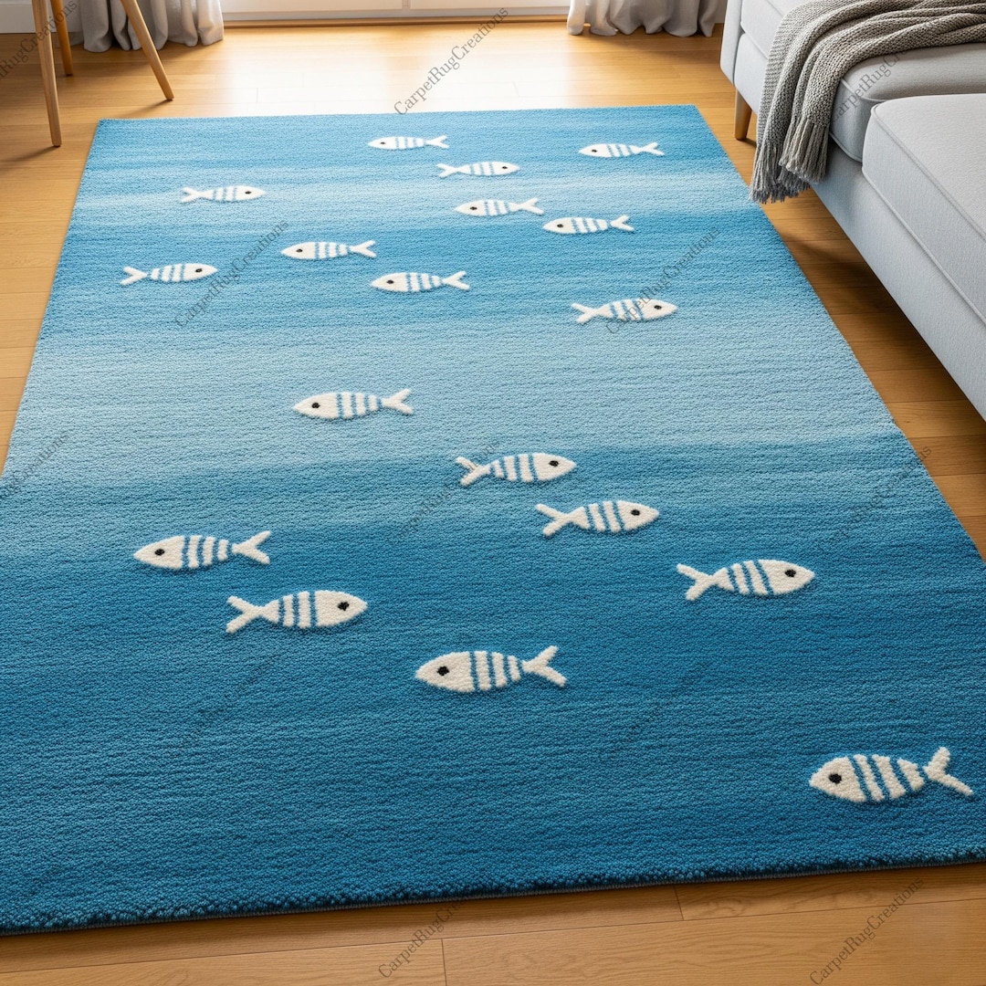 Aqua Blue Fish Hand Tufted Rug, Modern Nautical Wool Area Rugs for ...