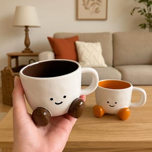 Happy Face Ceramic Mug With Feet: Fun Coffee Cup - Caramel or Chocolate ...