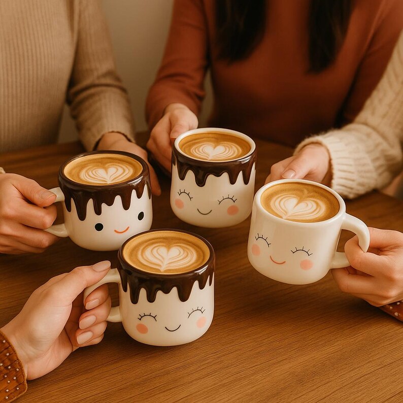 Smiley Face Coffee Mug Set: Ceramic Chocolate Drip Design - Etsy