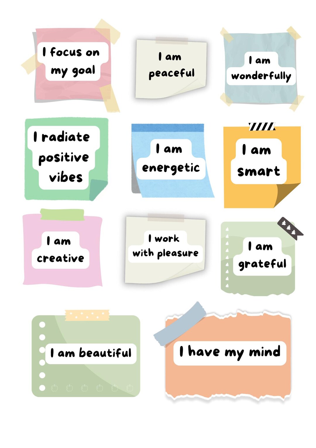 Printable Affirmation Sticky Notes Png Stickers for Mental Health ...