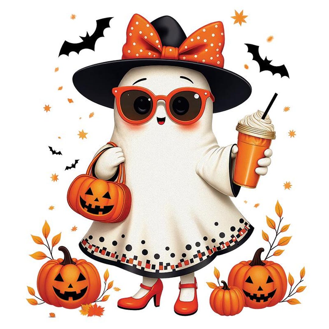 Funny Spooky Ghost With Pumpkin PNG, Playful Halloween Digital Download ...