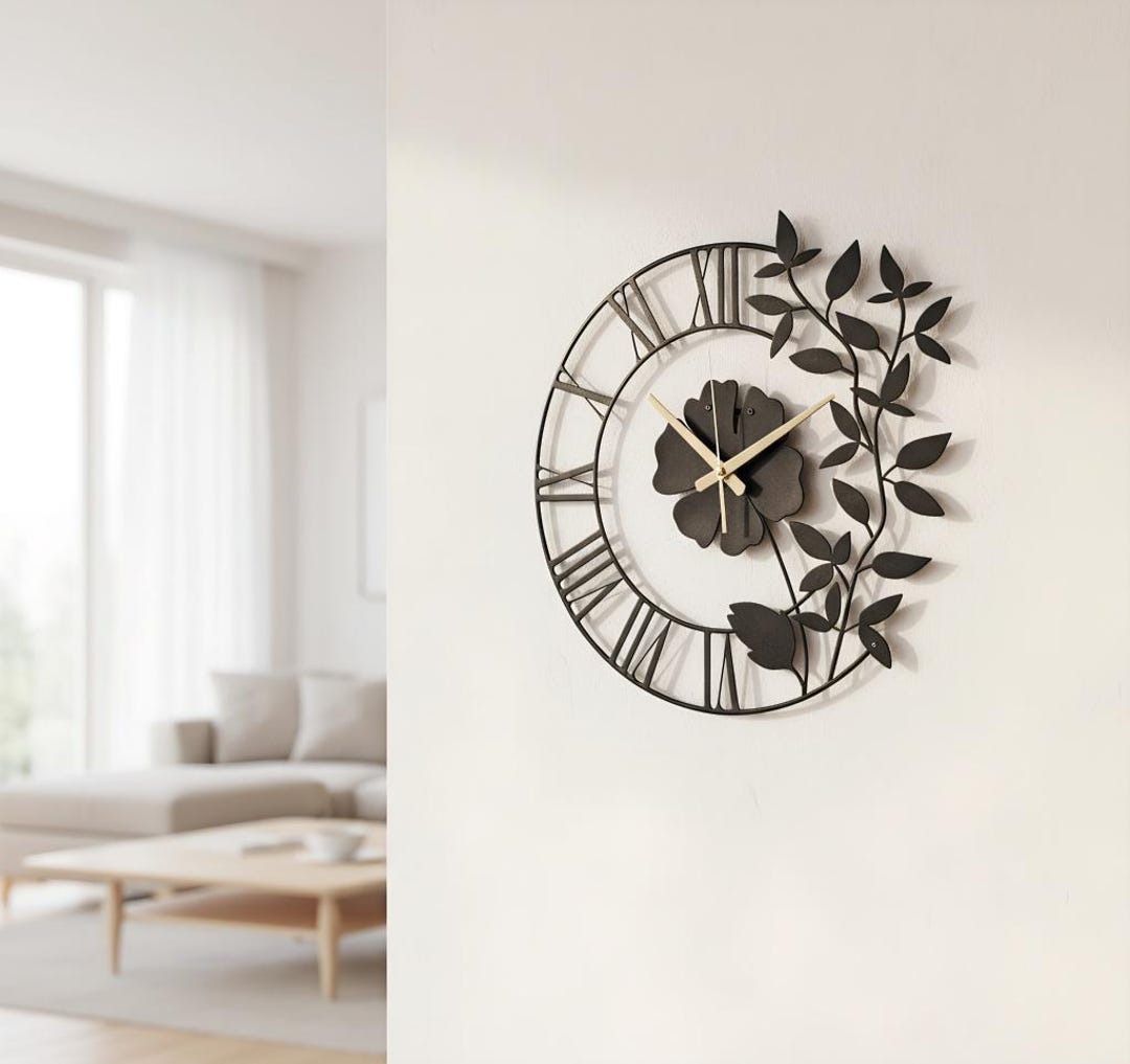 Floral Metal Wall Clock, Black Flower and Leaf Design Decor, Silent ...
