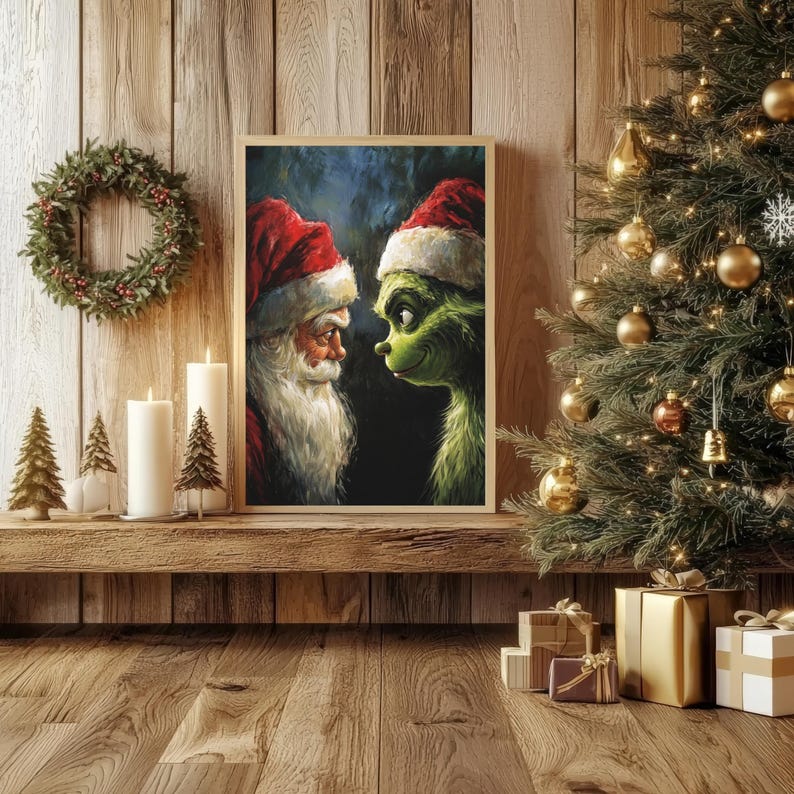 Santa Vs Grinch Art Print: Christmas Wall Art Funny Poster Holiday ...