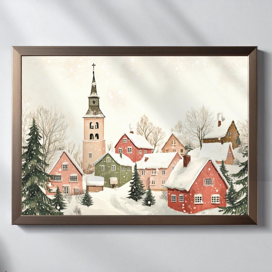 Printable Whimsical Winter Village Art: Neutral Scandinavian Christmas ...