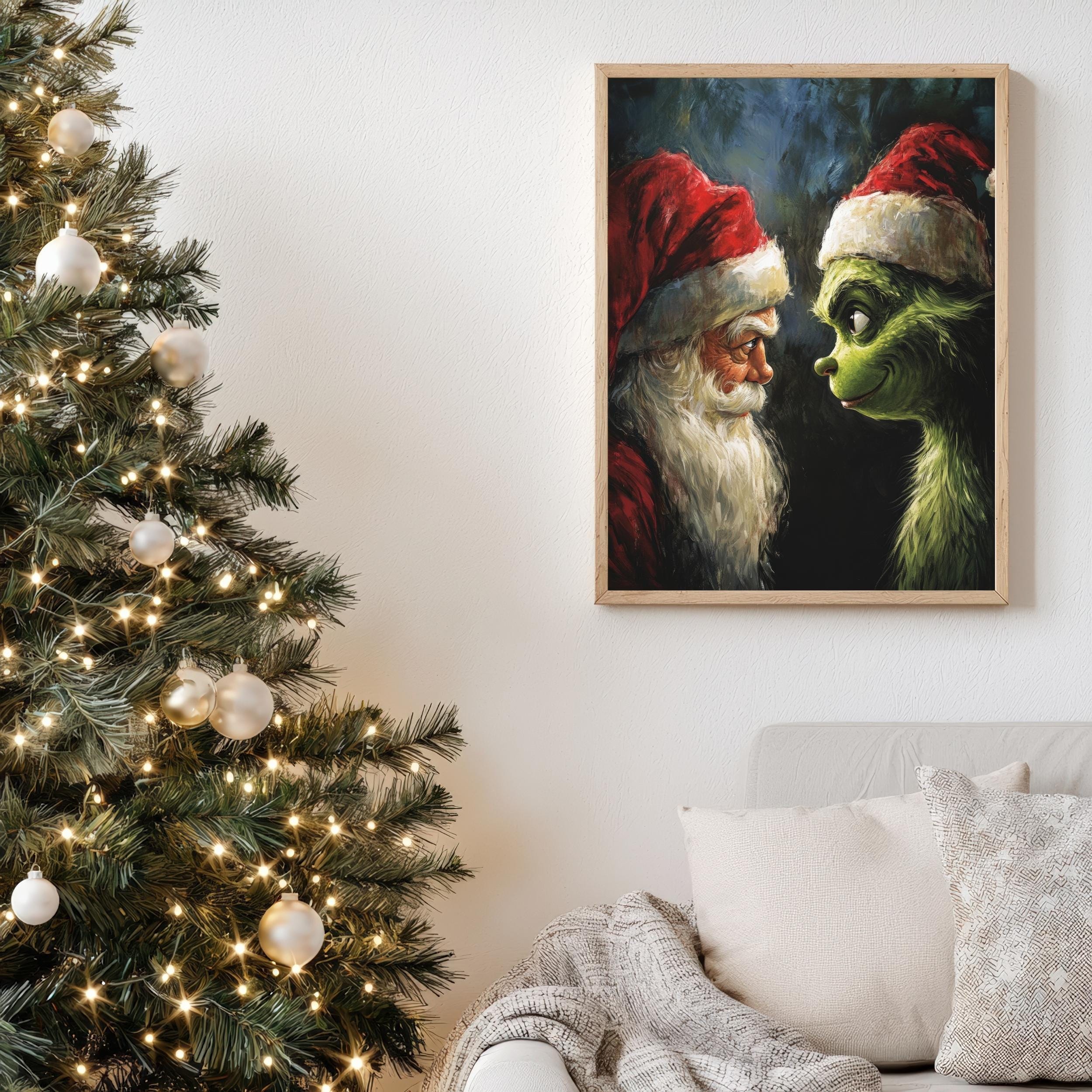 Santa Vs Grinch Art Print: Christmas Wall Art Funny Poster Holiday ...