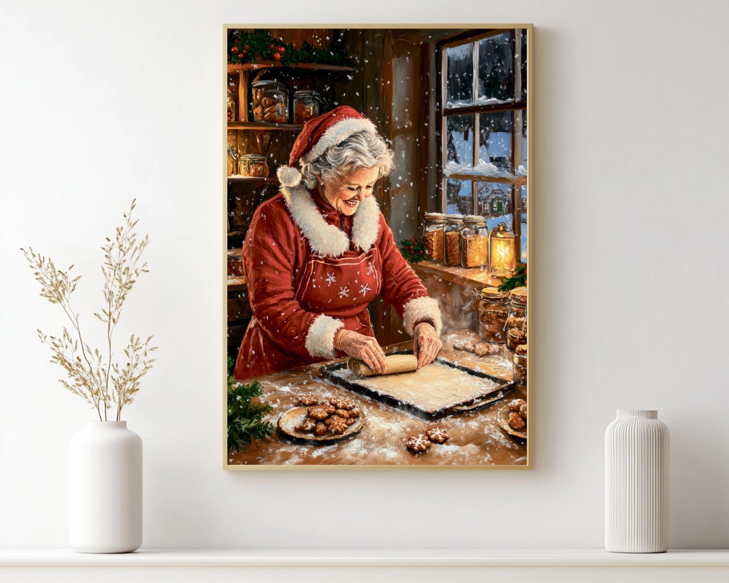 Mrs Claus Baking Christmas Cookies Art: Cozy Vintage Kitchen Wall Decor ...