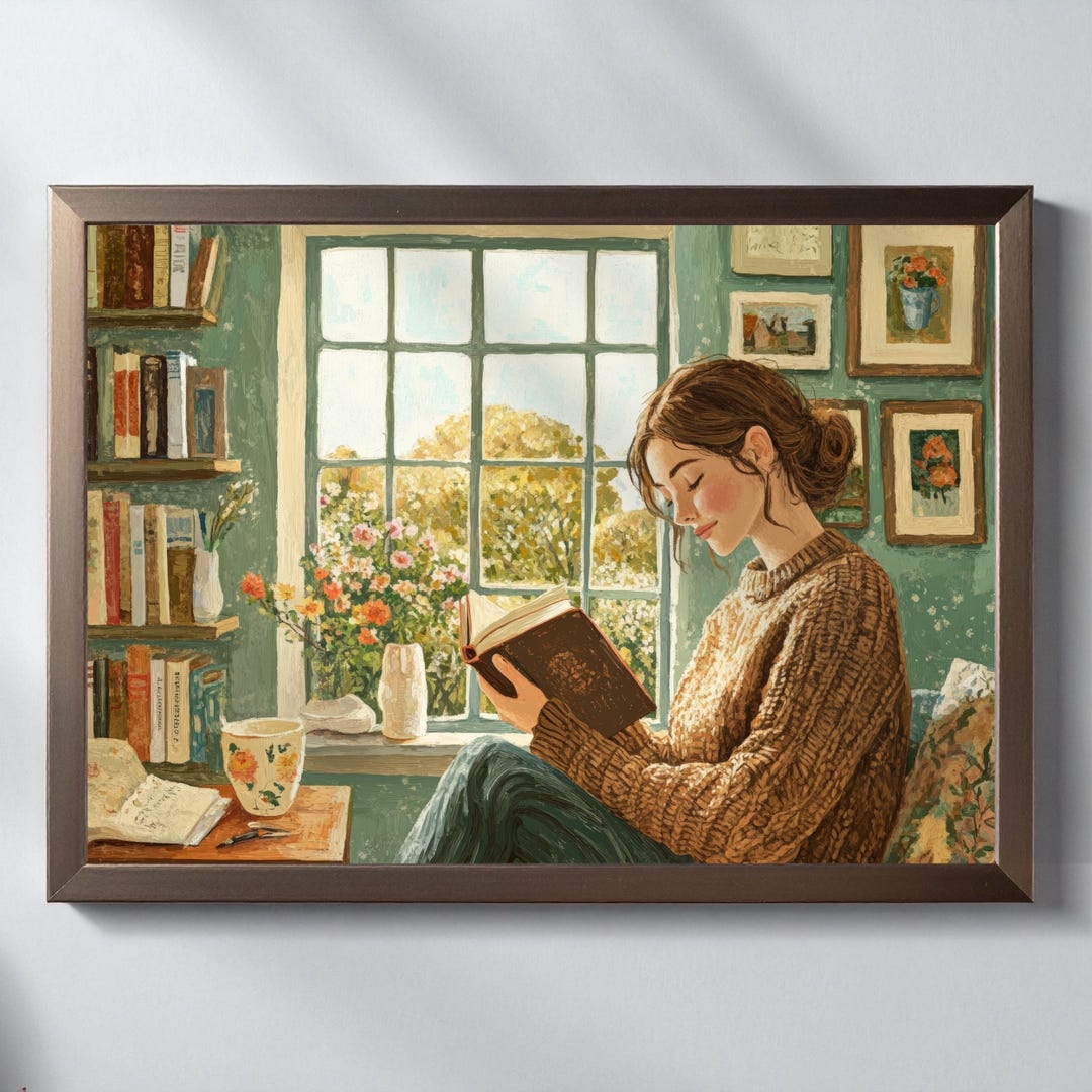 Reading Nook Art Print: Cozy Spring Book Lover Wall Art (digital ...