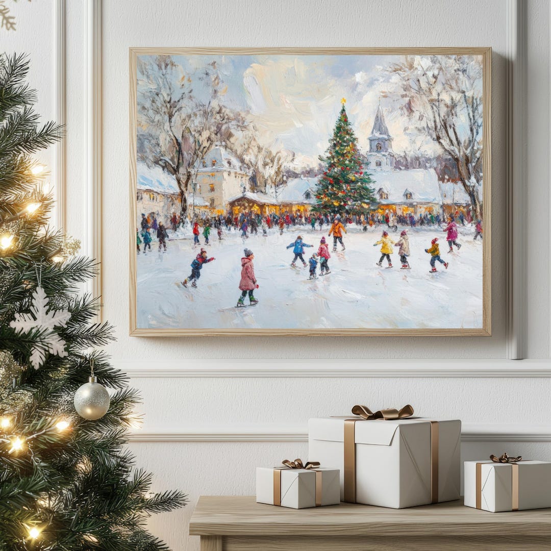 Vintage Winter Skating Rink Art: Christmas Village Scene Wall Art ...