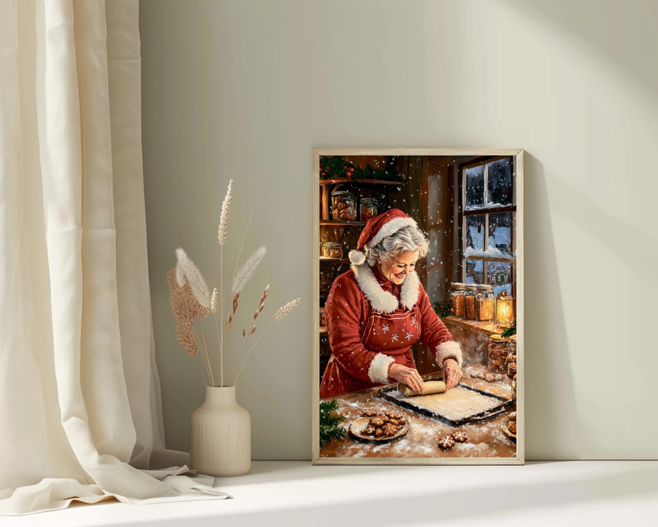 Mrs Claus Baking Christmas Cookies Art: Cozy Vintage Kitchen Wall Decor ...