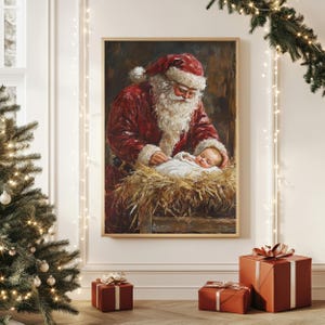 Santa and Baby Jesus Nativity Art: Vintage Christmas Christian Wall ...