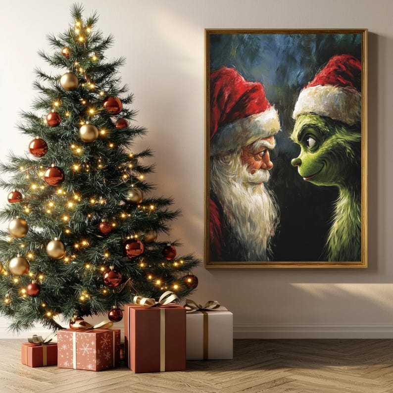 Santa Vs Grinch Art Print: Christmas Wall Art Funny Poster Holiday ...