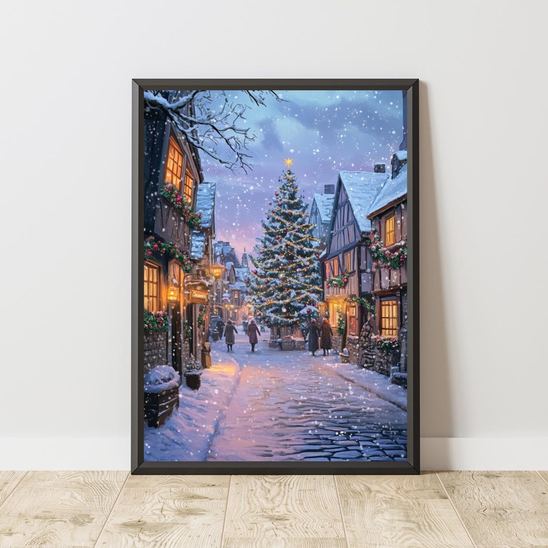 Vintage Town Square Christmas Tree Print: Old World Winter Village Wall ...