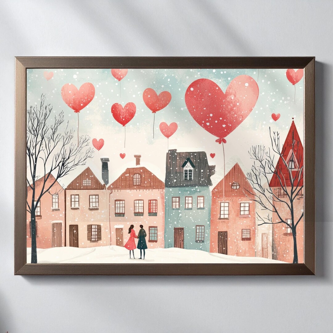Retro Valentines Day Printable Wall Art: Pastel Village Print Romantic ...