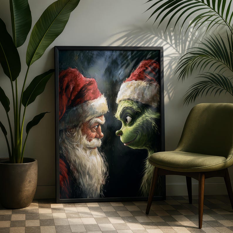 Santa Vs Grinch Art Print: Christmas Wall Art Funny Poster Holiday ...