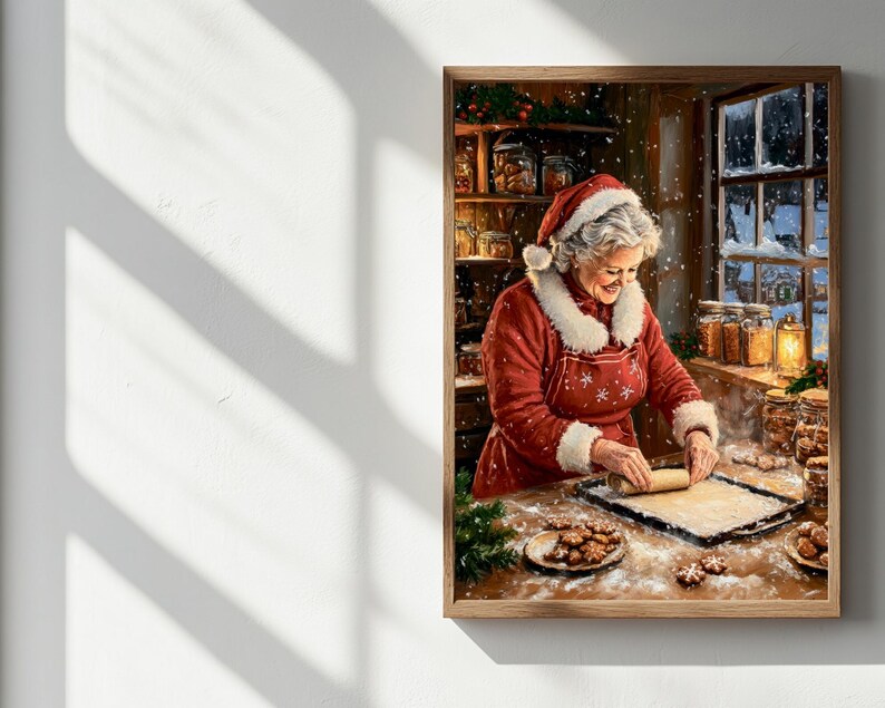 Mrs Claus Baking Christmas Cookies Art: Cozy Vintage Kitchen Wall Decor ...