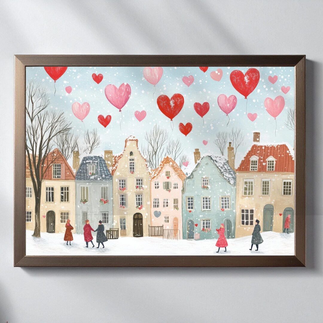 Valentines Village Wall Art: Retro Heart Balloons Print Romantic Winter ...