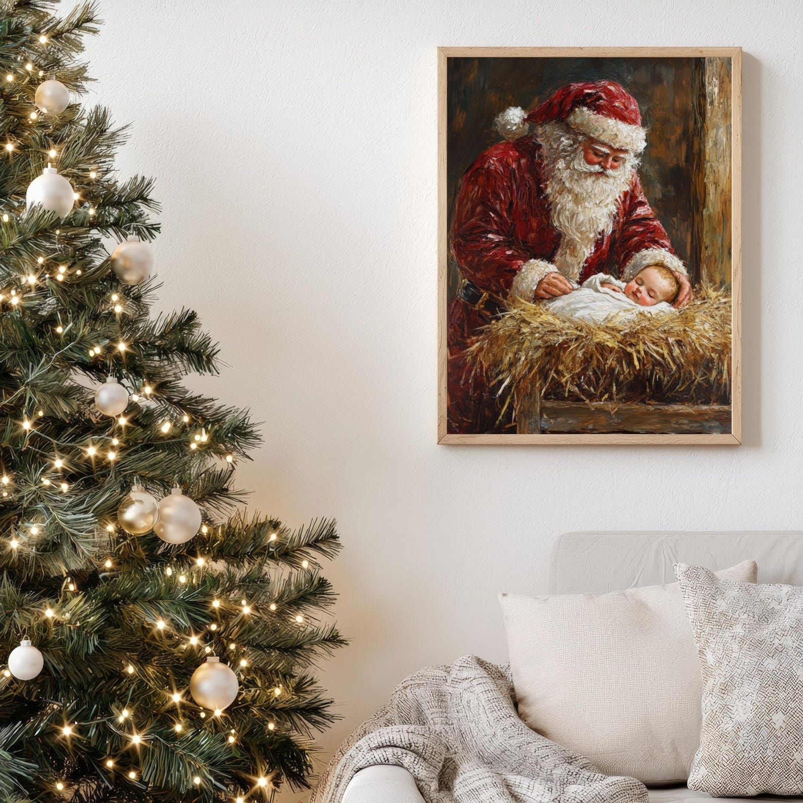 Santa and Baby Jesus Nativity Art: Vintage Christmas Christian Wall ...