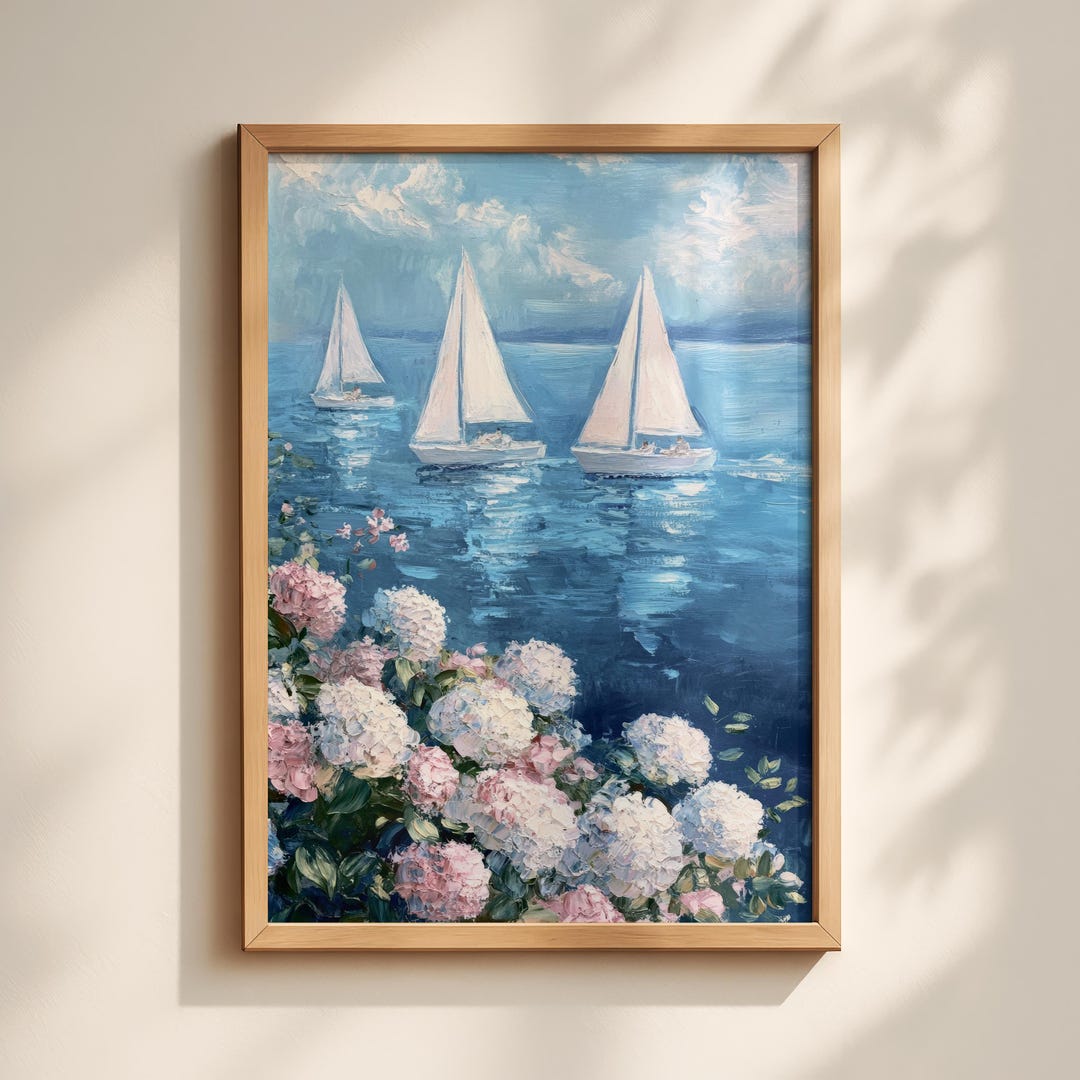 Coastal Sailboat Wall Art: Pink Hydrangea Ocean Print for Beach House ...