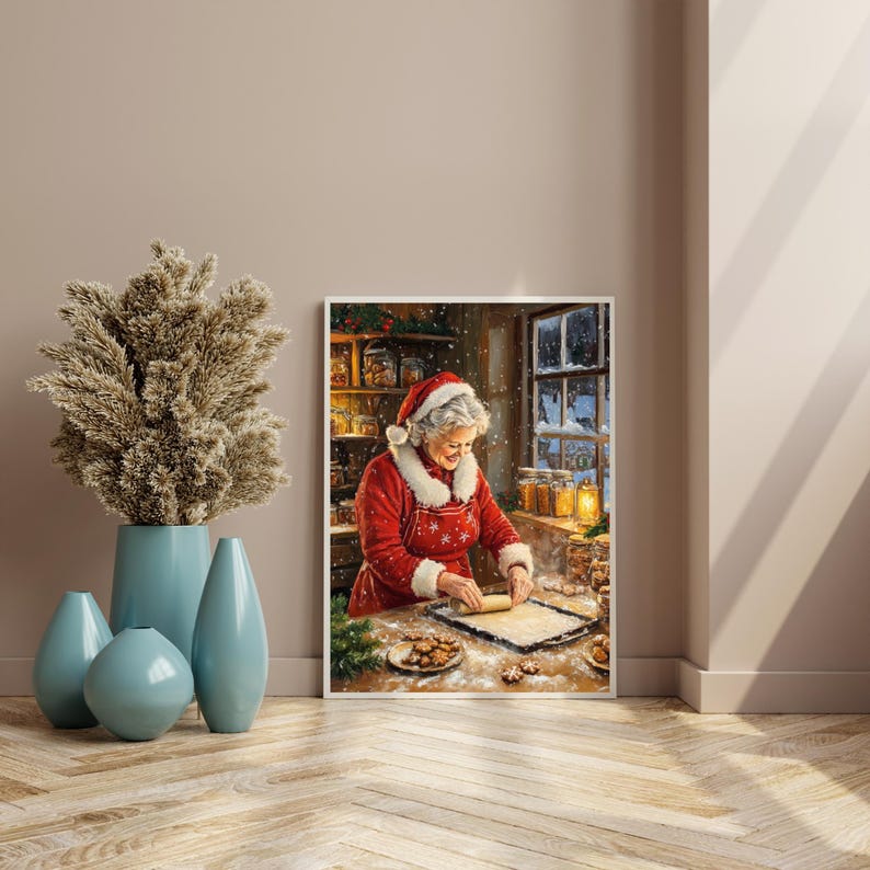 Mrs Claus Baking Christmas Cookies Art: Cozy Vintage Kitchen Wall Decor ...
