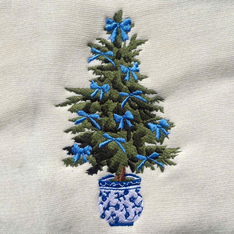 Blue Bow Pine Tree Embroidery Design, Christmas Tree in Chinoiserie Pot ...