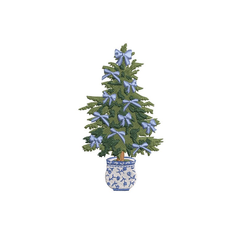 Blue Bow Pine Tree Embroidery Design, Christmas Tree in Chinoiserie Pot ...