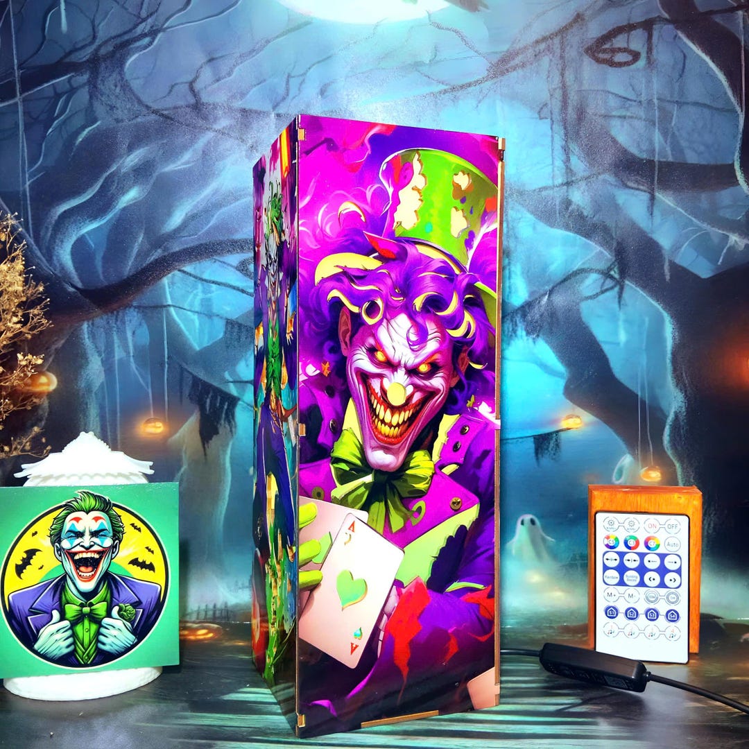 4 Colorful Joker Designs - Wooden Box Lamp, RGB LED, Handmade Spooky ...
