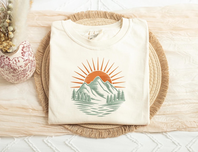 Mountain Sunrise Embroidery Design, Forest Pine Trees Embroidery File ...