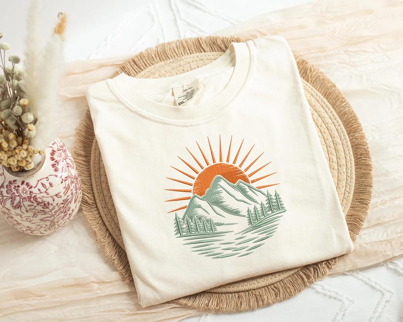 Mountain Sunrise Embroidery Design, Forest Pine Trees Embroidery File ...