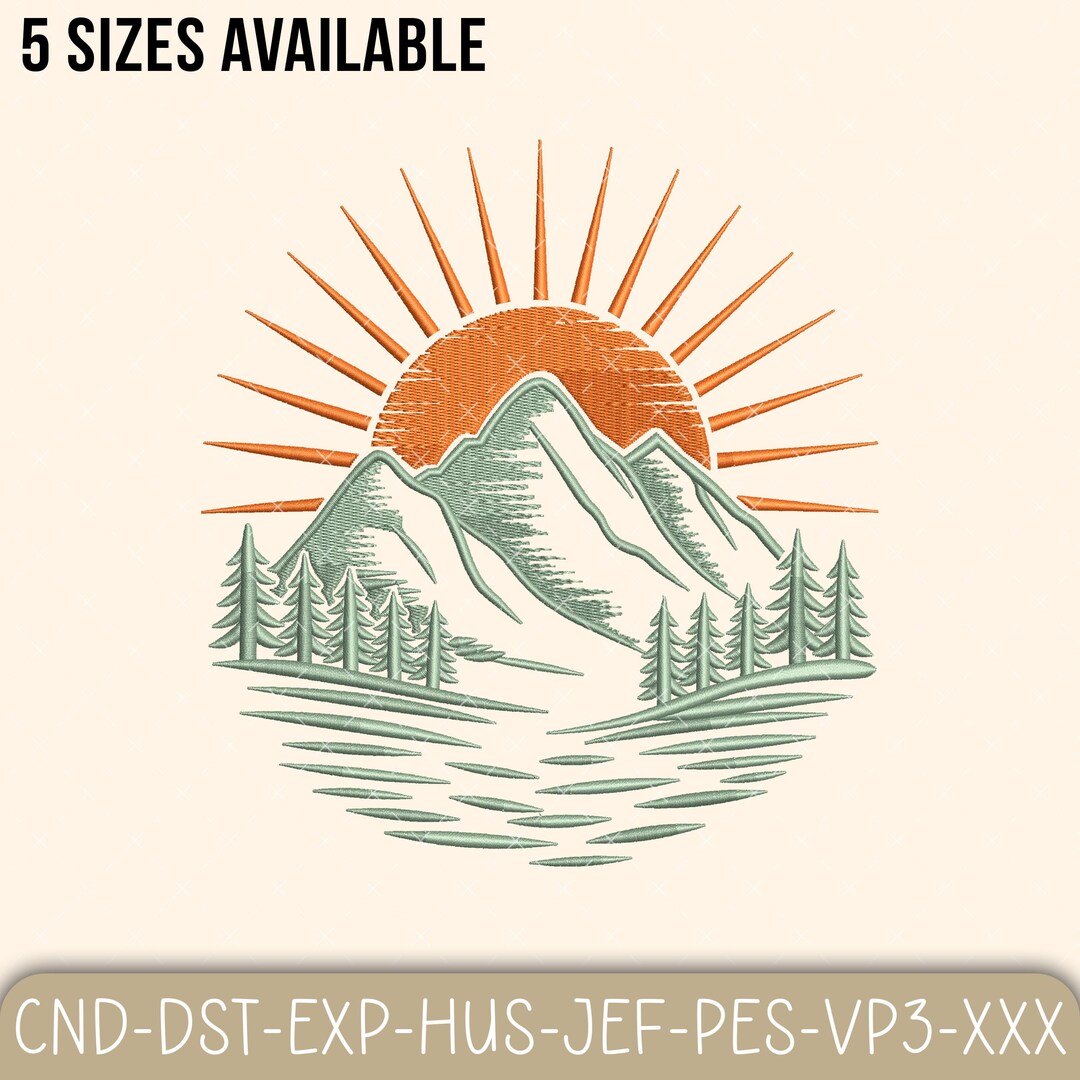Mountain Sunrise Embroidery Design, Forest Pine Trees Embroidery File ...