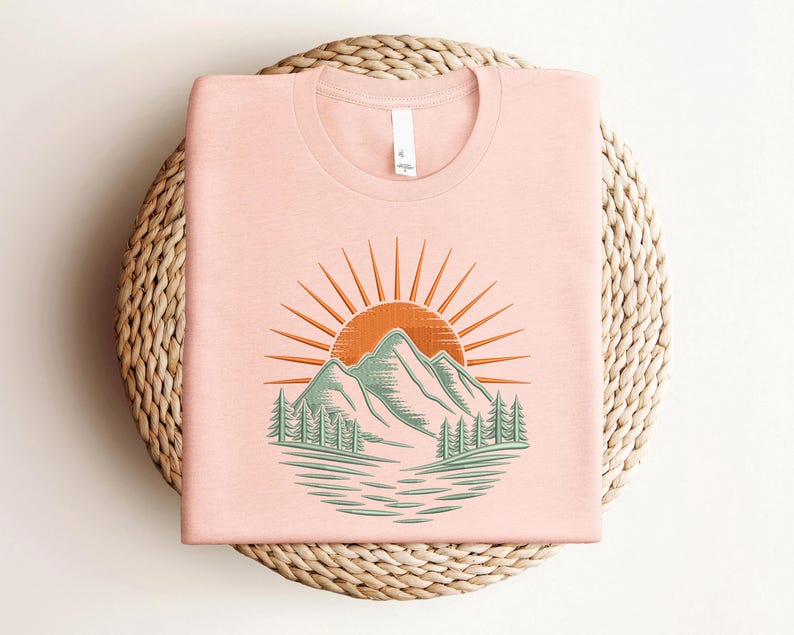 Mountain Sunrise Embroidery Design, Forest Pine Trees Embroidery File ...