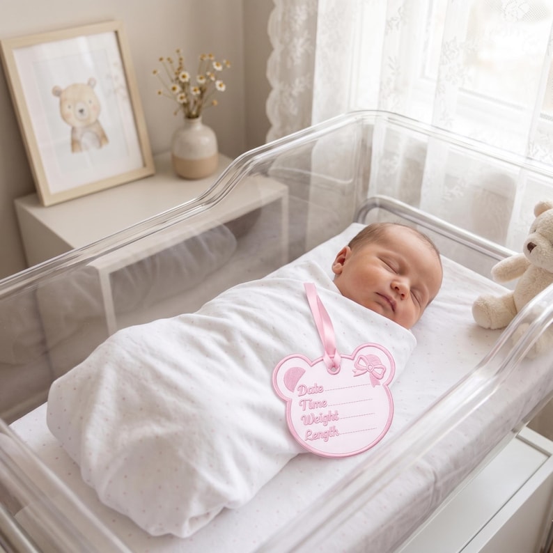 Embroidered Baby Birth Stat Card, Baby Birth Stats Ornament Teddy Bear ...