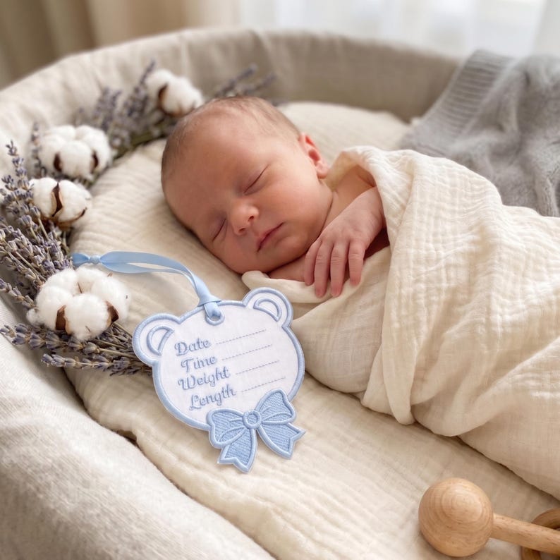 Embroidered Baby Birth Stat Card, Baby Birth Stats Ornament Teddy Bear ...