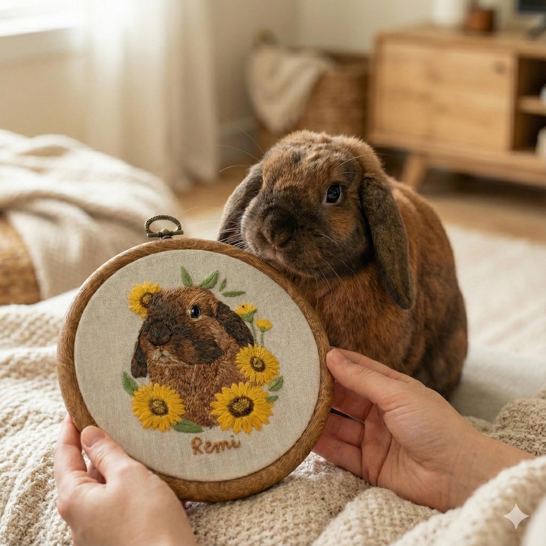 Custom Bunny Portrait Embroidery Hoop With Name, Personalized Rabbit ...
