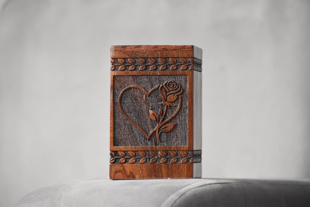 Handmade Wooden Cremation Urn | Rose & Heart Engraved Ashes Box | Leaf ...